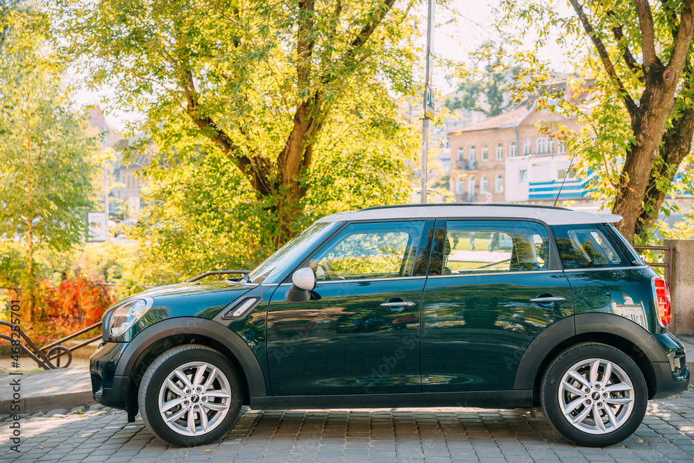 Front View Of Green Color Mini Cooper Car Parking At Street Stock Photo ...
