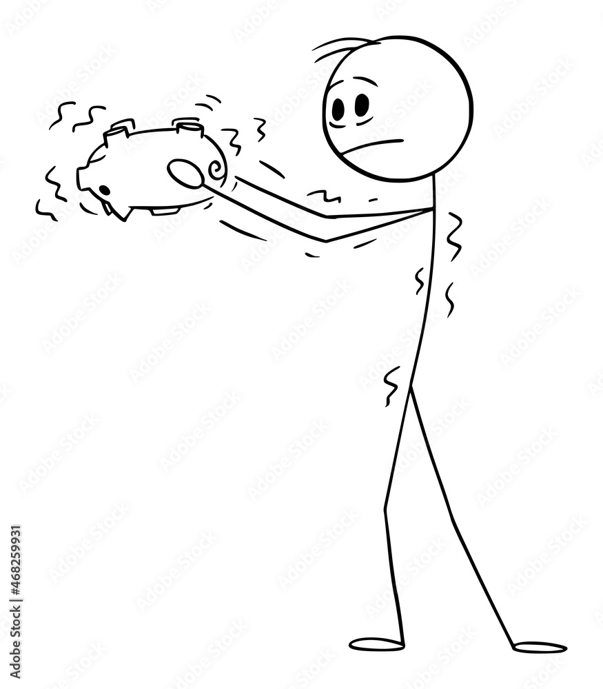 Person Shaking Empty Piggy Bank, No Money, Vector Cartoon Stick Figure ...