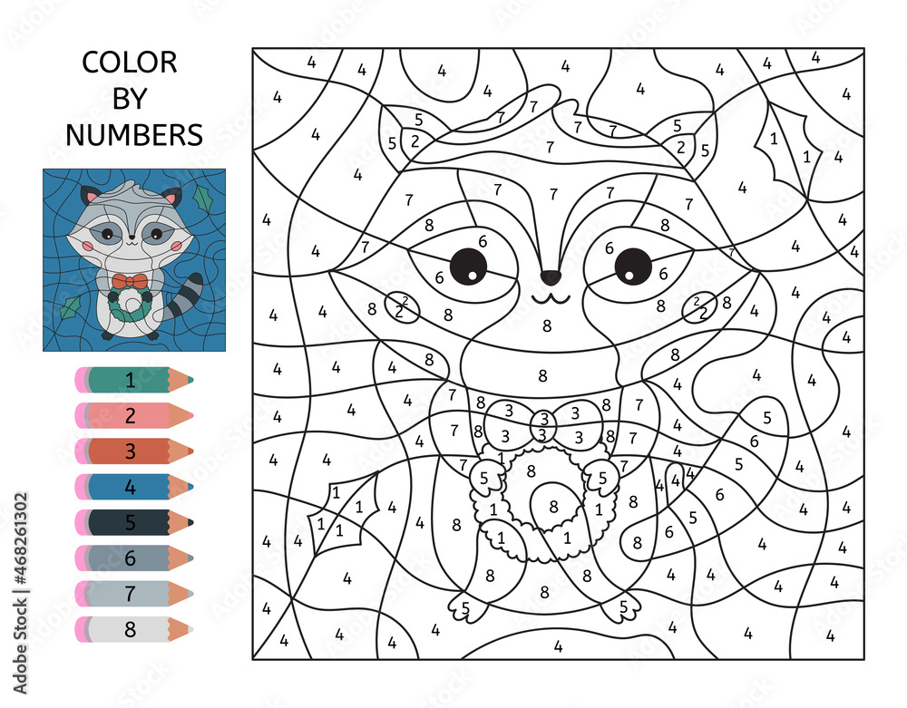 Number coloring page with cute cartoon raccoon and Christmas wreath ...