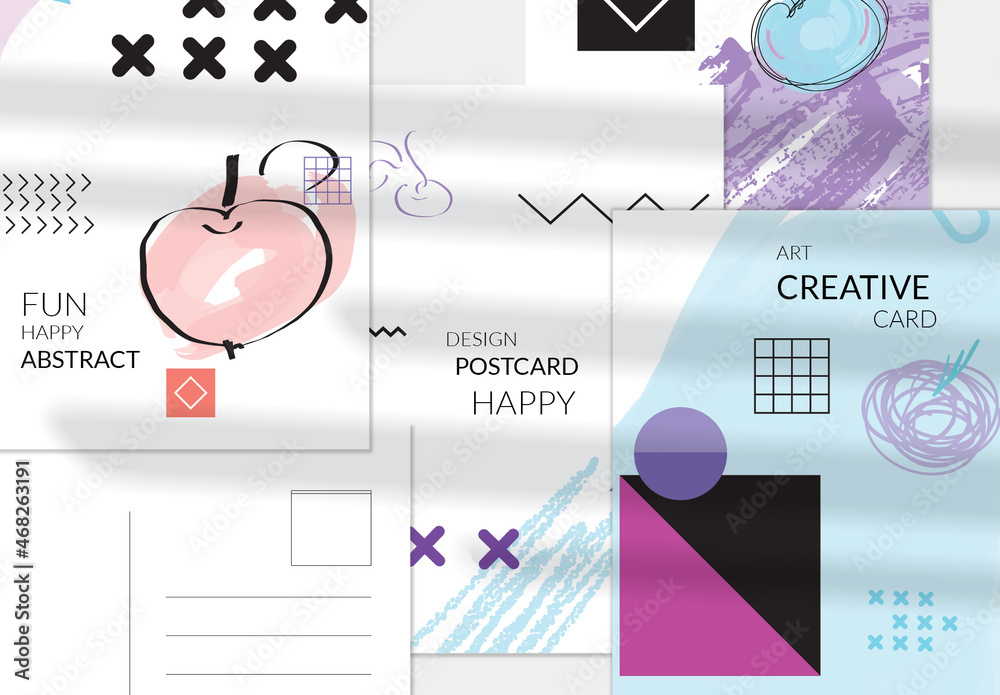 Postcard Layout with Hand Drawn Abstract Floral Doodles and Geometric ...