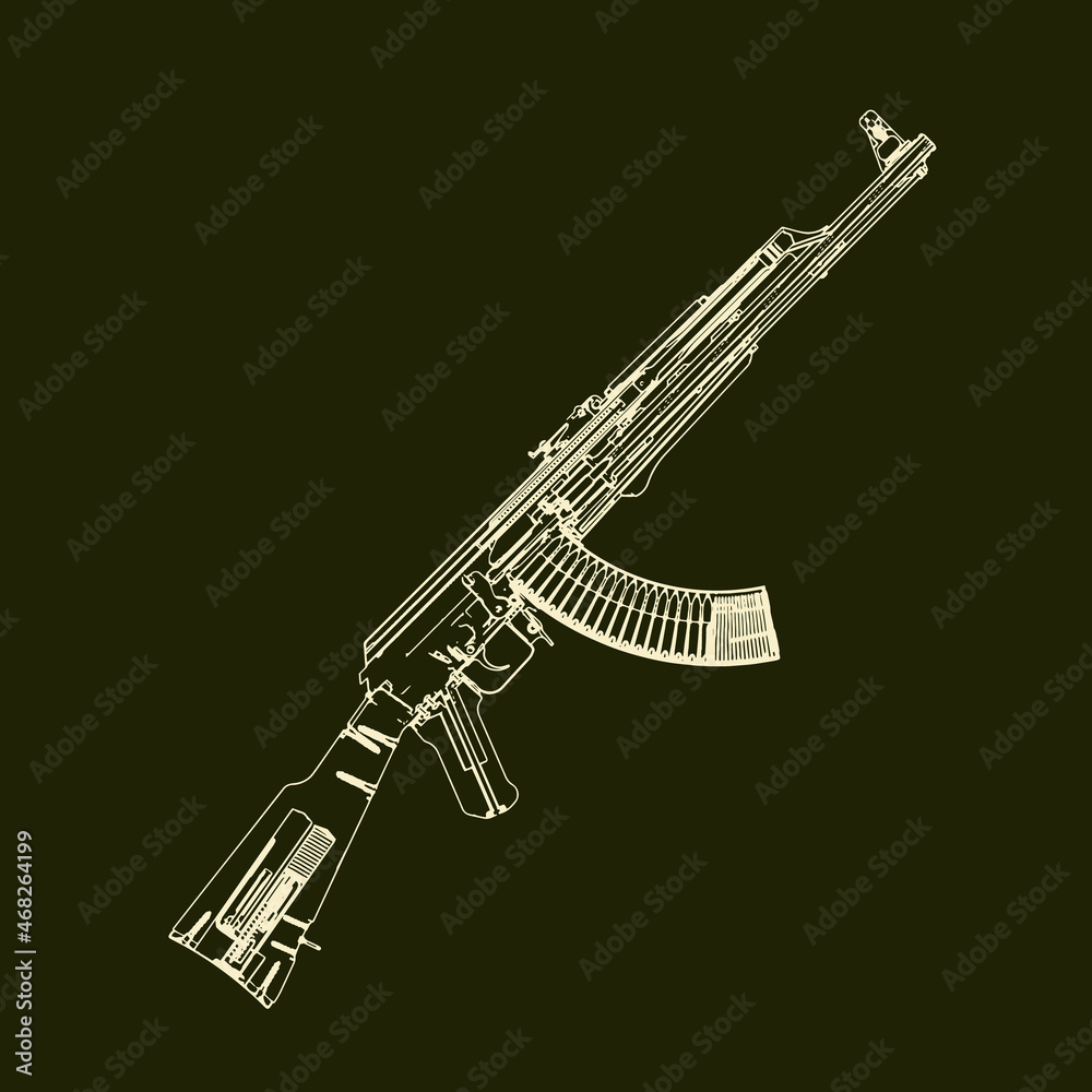AK 47. Sectional Drawing of a Kalashnikov Assault Rifle. Outline Style ...