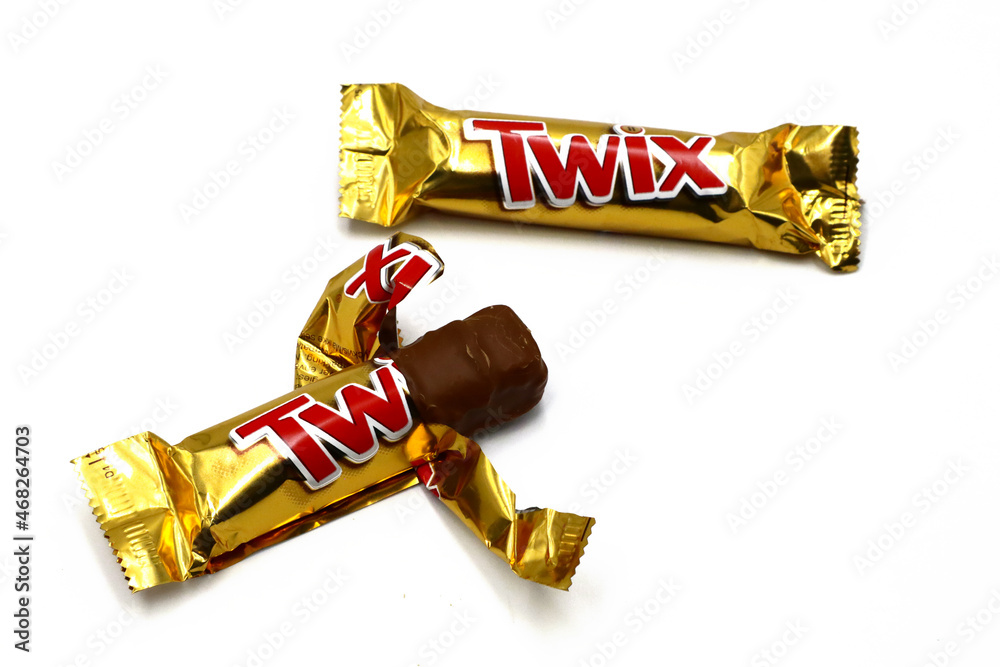TWIX chocolate bars isolated on white background. Twix is a brand of ...