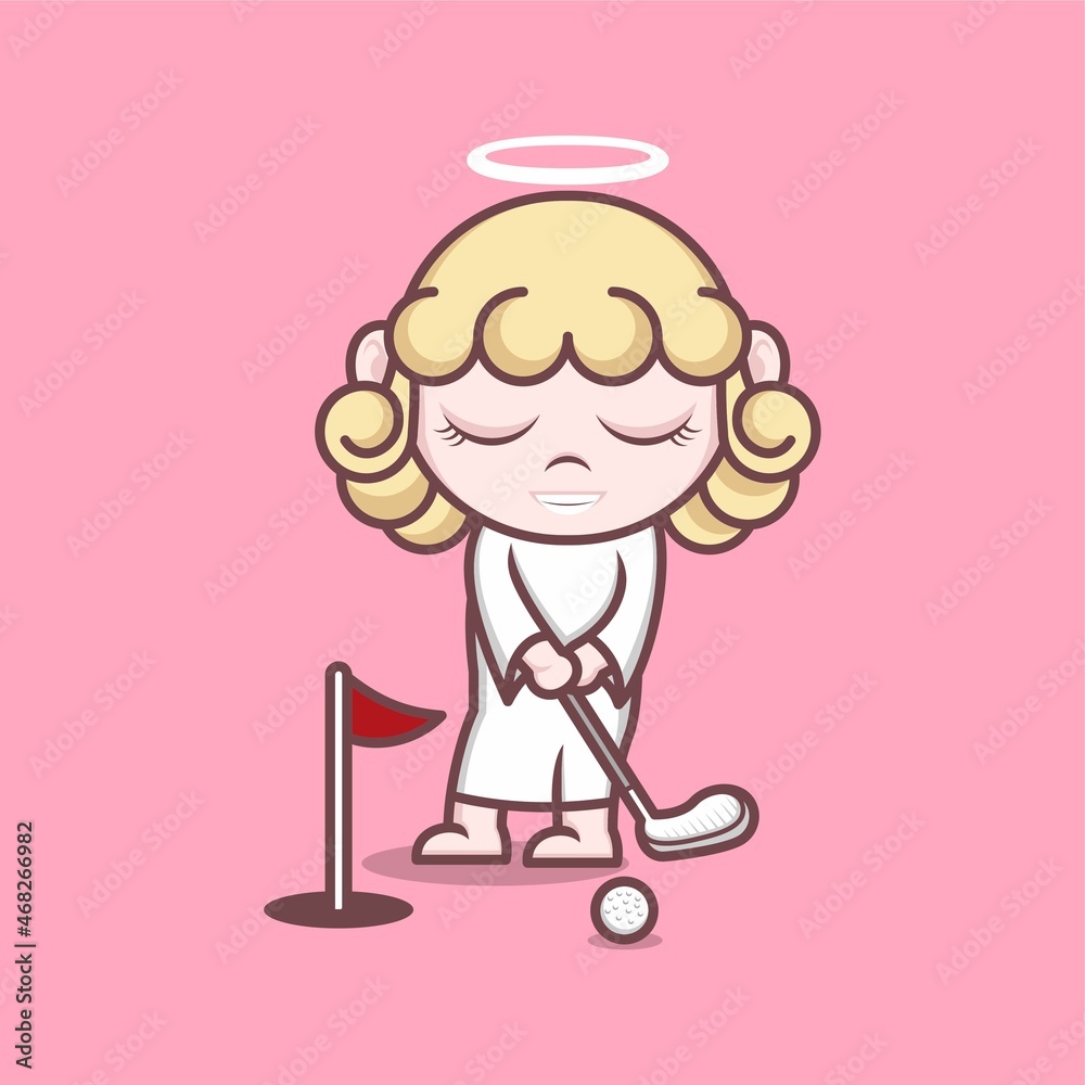 cute cartoon angel playing golf. vector illustration for mascot logo or ...