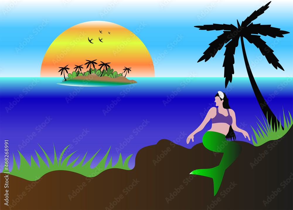 mermaid girls on the beach with island and sunset background flat ...