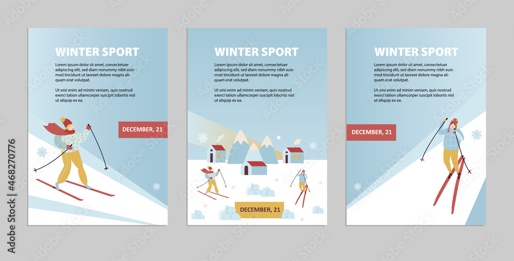 Winter Sport Skiing Poster set. Skier in motion and Winter-time hiking ...