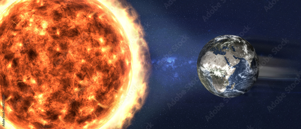 Sun storm in outer space. Sun radiation flow to Earth planet. 3d render ...