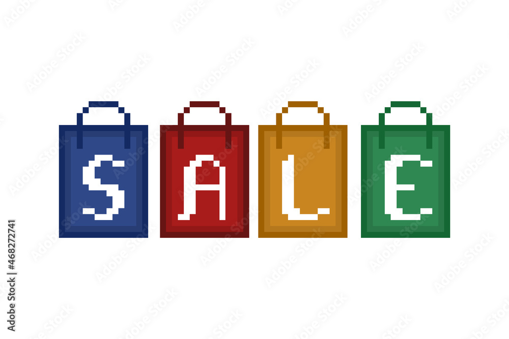 Pixel art sale banner. 8 bit blue, red, yellow, green paper shopping ...