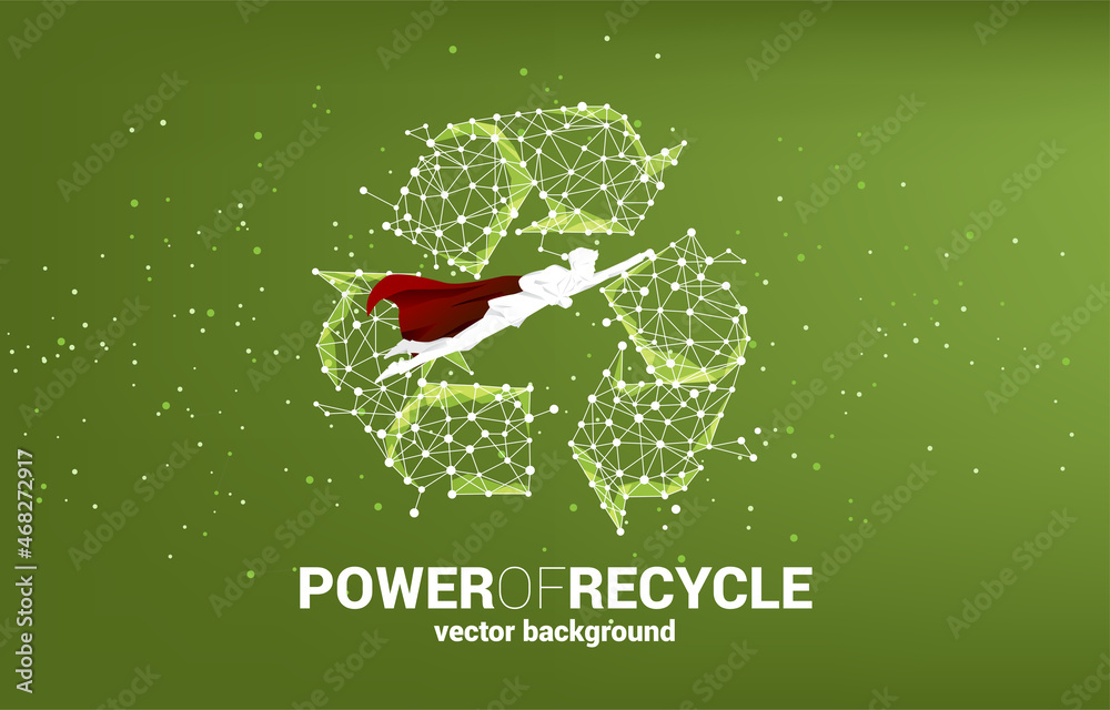 Silhouette of man in superhero suit flying with Recycle icon from dot ...