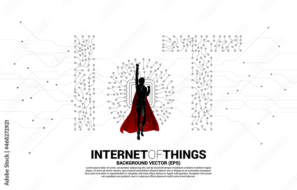Silhouette of man in superhero suit flying with CPU processor on center ...