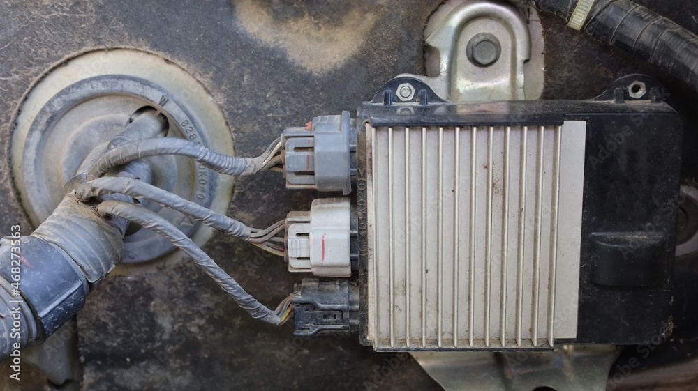 Dirty injector control box. Driver Injector metal box with wiring ...