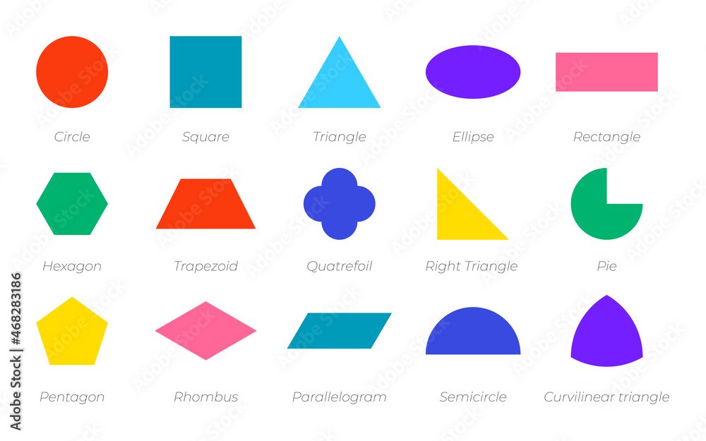 Geometric basic shapes set. Flat color icons with names. Educational ...