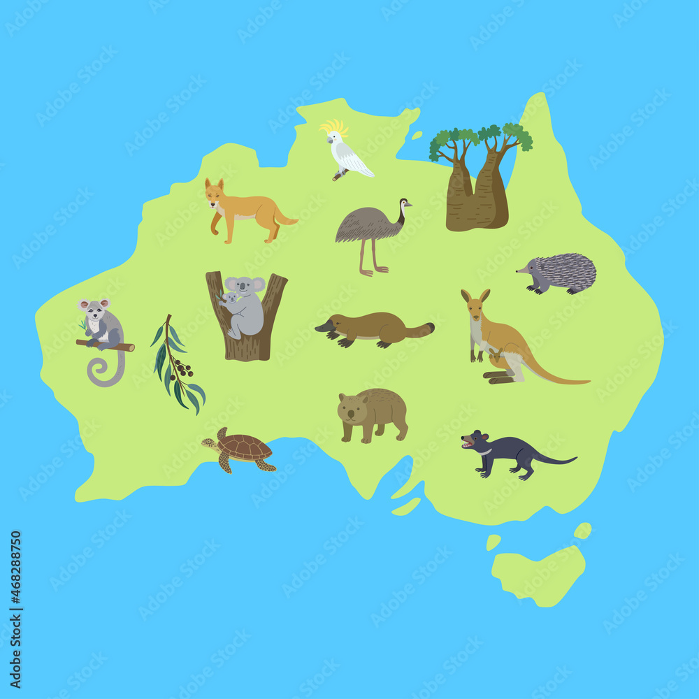 Map of Australia with cute funny cartoon animals. Hand drawn vector ...