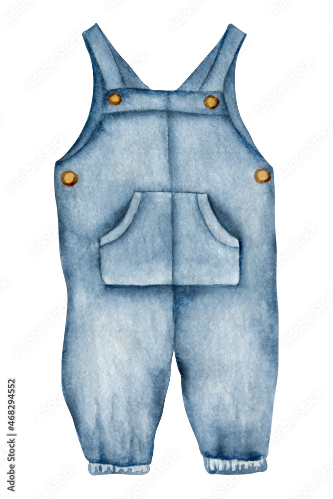 Watercolor illustration of denim overalls for kids. Isolated clipart ...