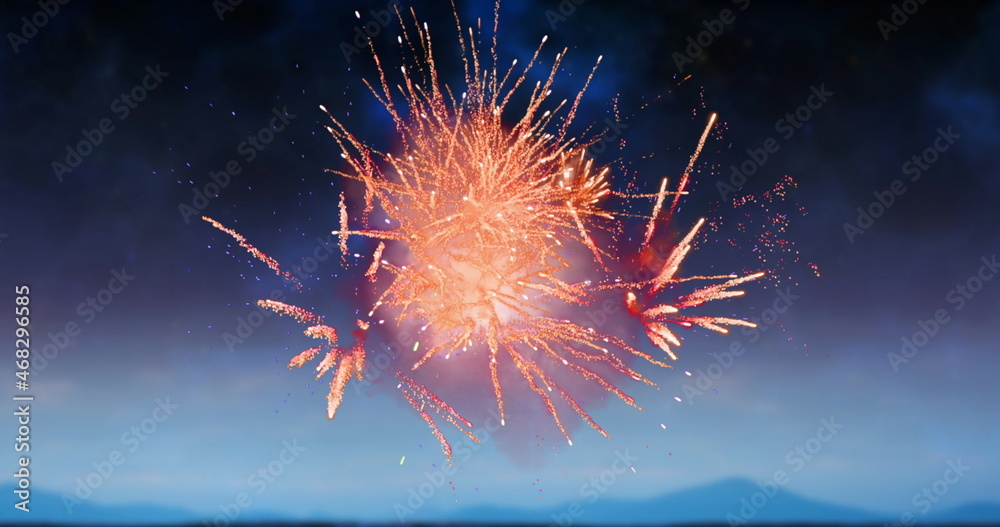 Digital image of red fireworks exploding in the dark sky with clouds ...