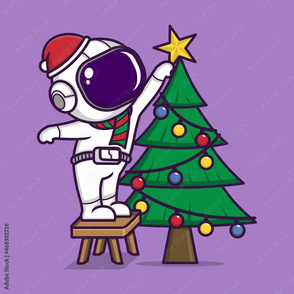 cute cartoon astronaut putting stars on christmas tree. vector ...
