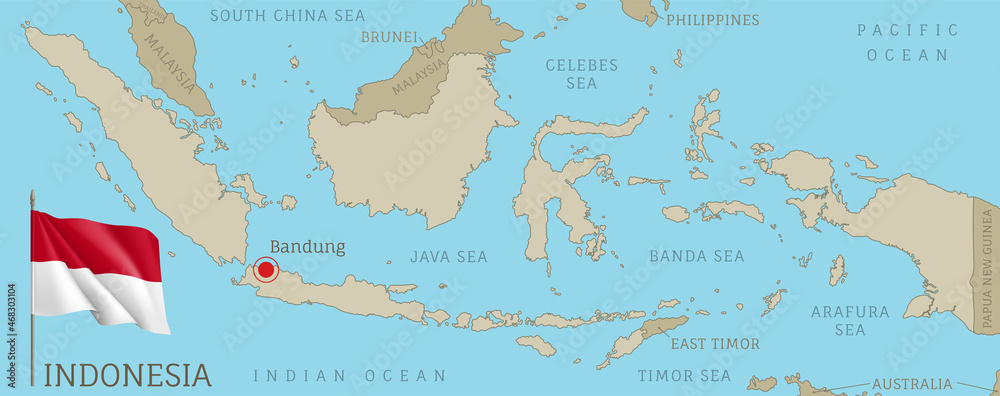 Highly detailed Indonesian map with flag and labelings. Editable gray ...