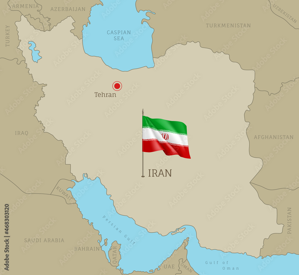 Highly detailed Iranian map with flag and labelings. Editable gray map ...