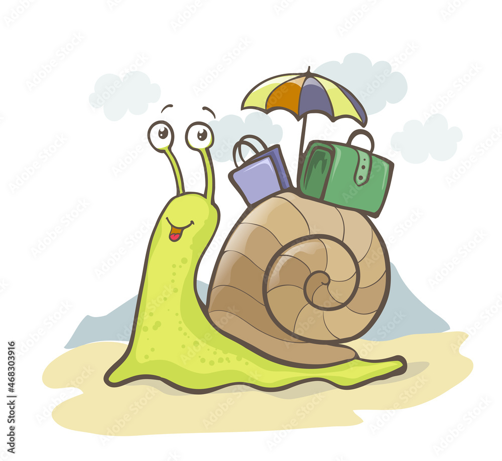Cartoon snail drawing with umbrella, luggage and happy smile. Travel ...