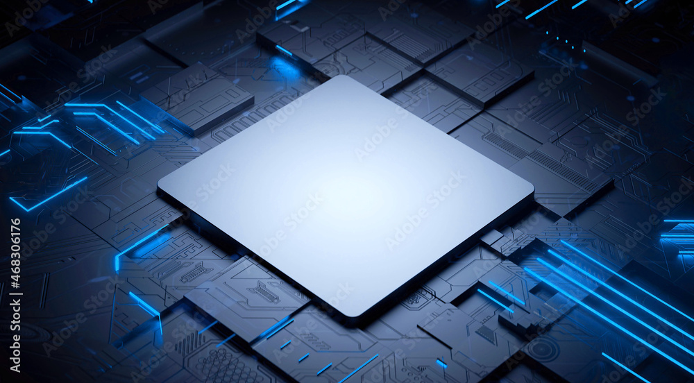 3D rendering of cyberpunk AI. Circuit board. Technology background ...