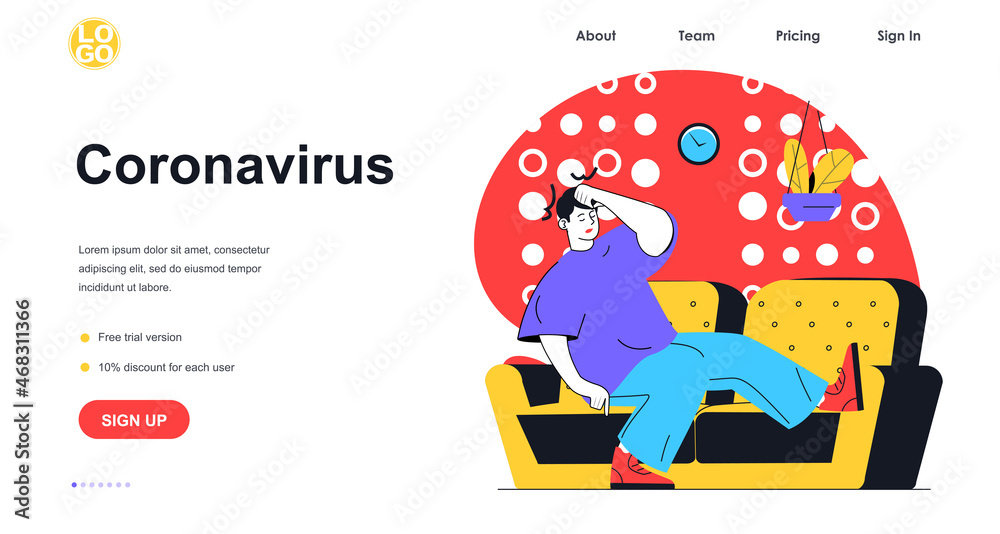 Coronavirus disease web banner concept. Sick man holds head and stays ...