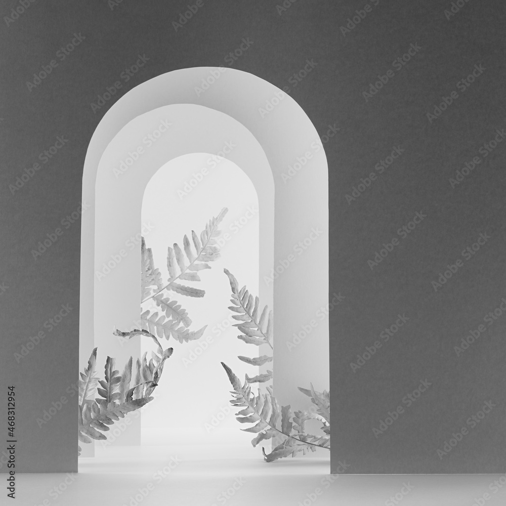 Abstract white and grey stage mockup with contrast arches as gate in ...