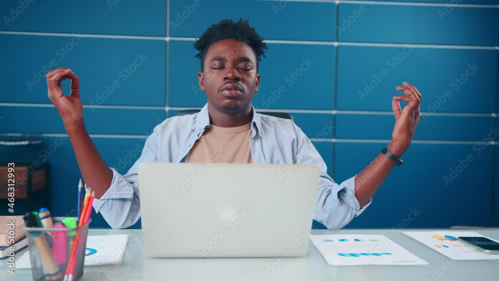 Calm office worker relieves tension and stress, breathing practices ...