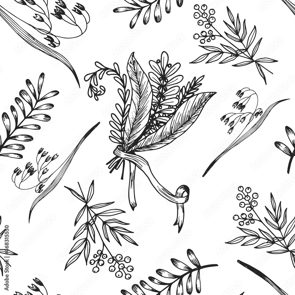 Seamless pattern bouquet of herbs with ribbon. Outline drawing on a ...
