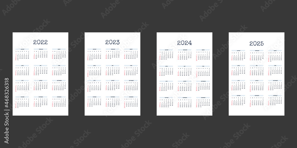 2022 2023 2024 2025 calendar template in classic strict style with type ...