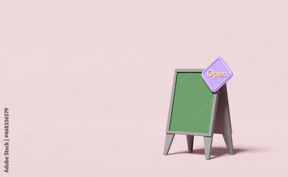 store front green sign with purple label open isolated on pink ...