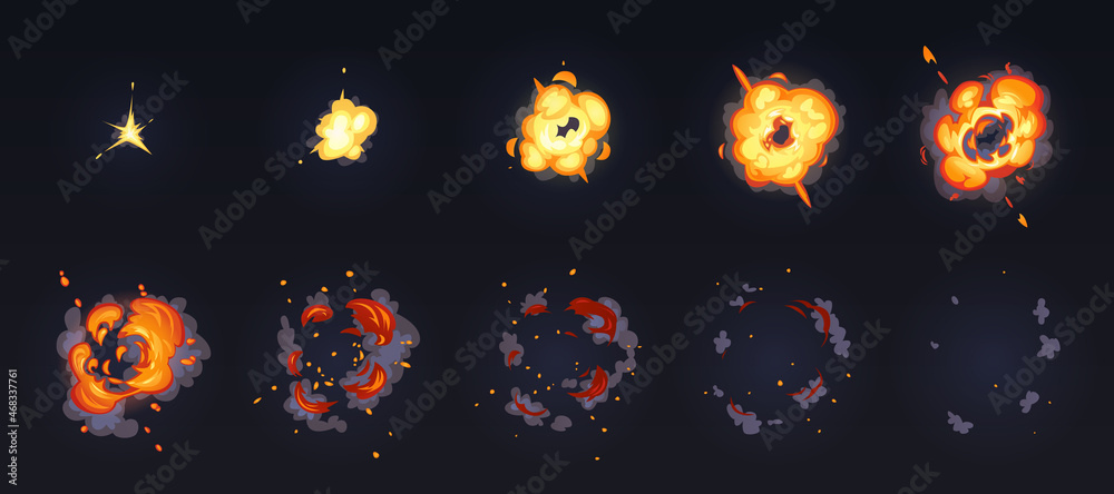 From fire to smoke animation, burning blast of air bomb isolated boom ...