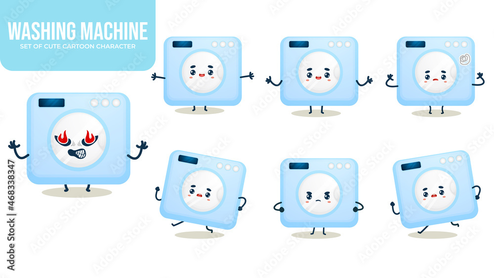 Set of cute washing machine cartoon character with different poses ...
