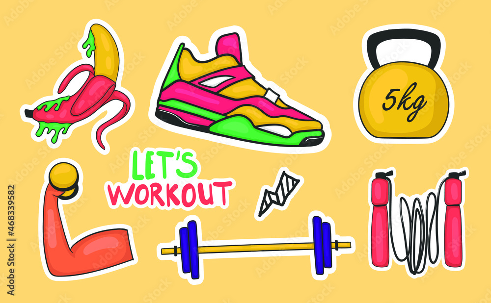 Colorful Hand drawn workout stickers collection Stock Vector | Adobe Stock