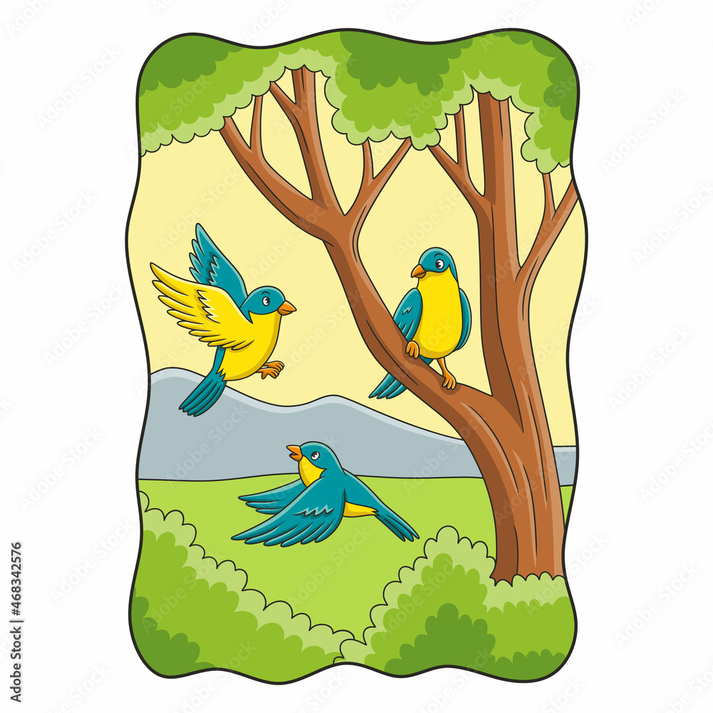 cartoon illustration three birds playing in the tree in the middle of ...