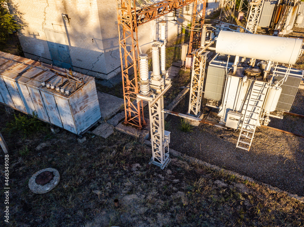 Aerial view of a high voltage power distribution substation ...