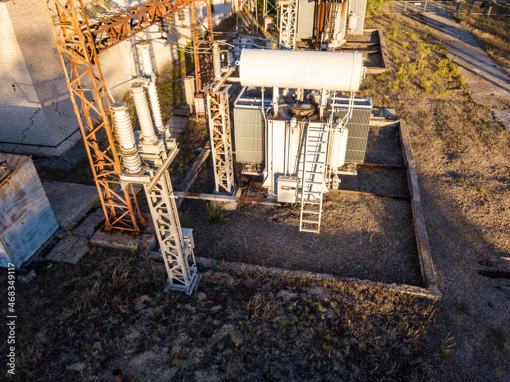 Aerial view of a high voltage power distribution substation ...