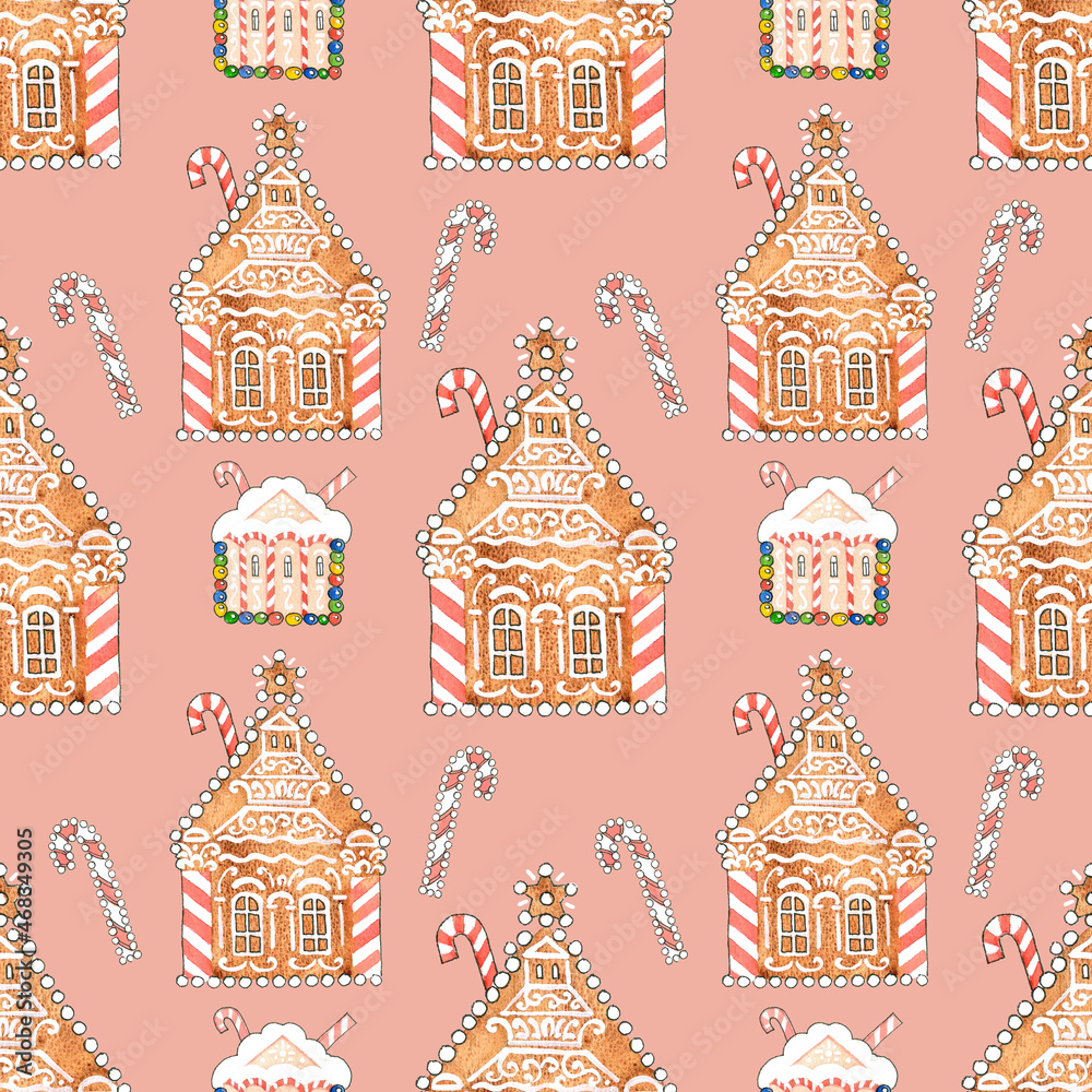 Seamless pattern of gingerbread houses, sweets and Christmas lollipops ...