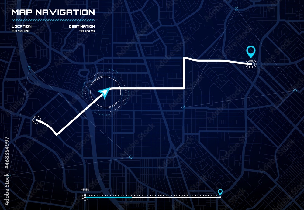 City map navigation interface, GPS navigator screen with street roads ...