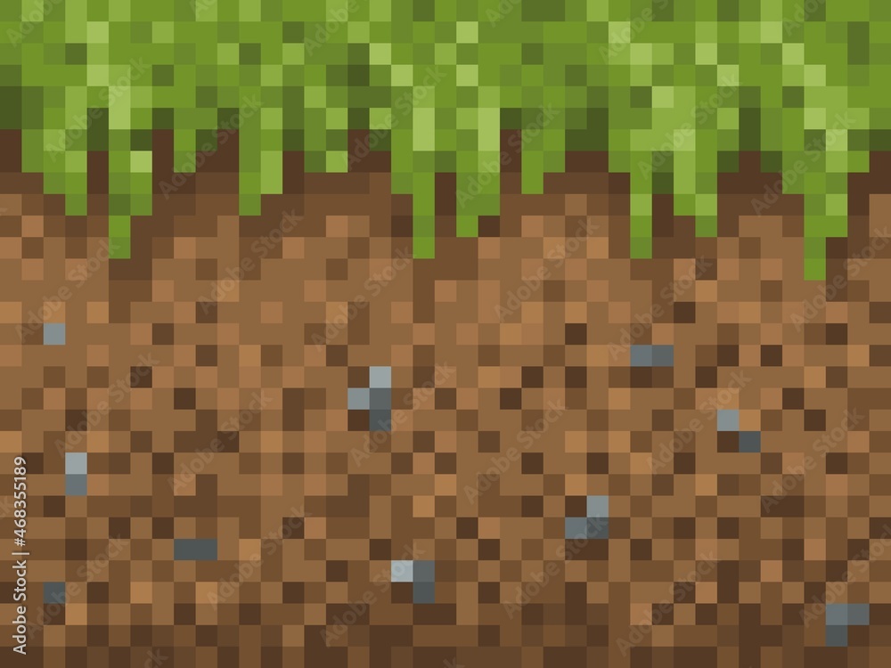 Pixel grass, ground and stone blocks pattern. Cubic pixel game ...