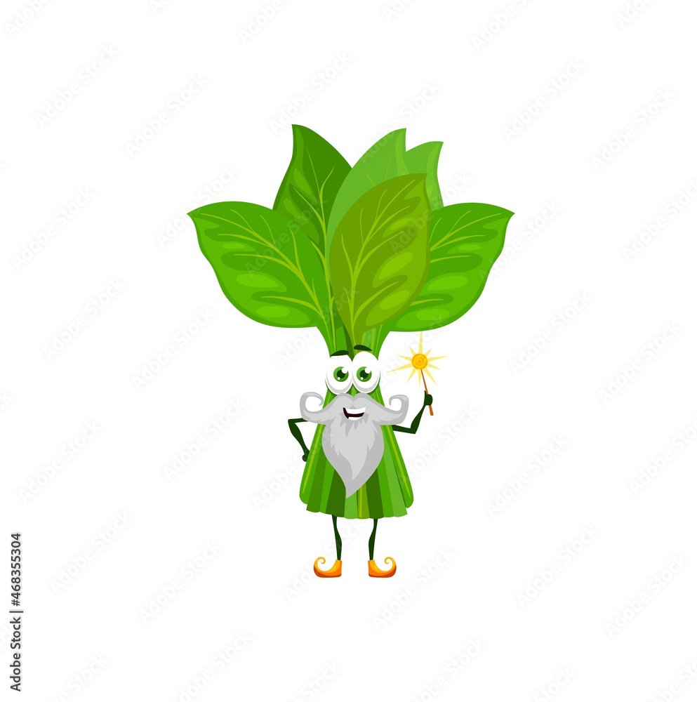 Cartoon green spinach wizard character or magician vegetable with magic ...