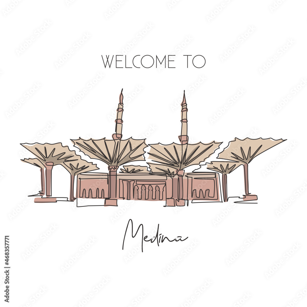 Stockvector One single line drawing Masjid Al Nabawi landmark. Famous ...