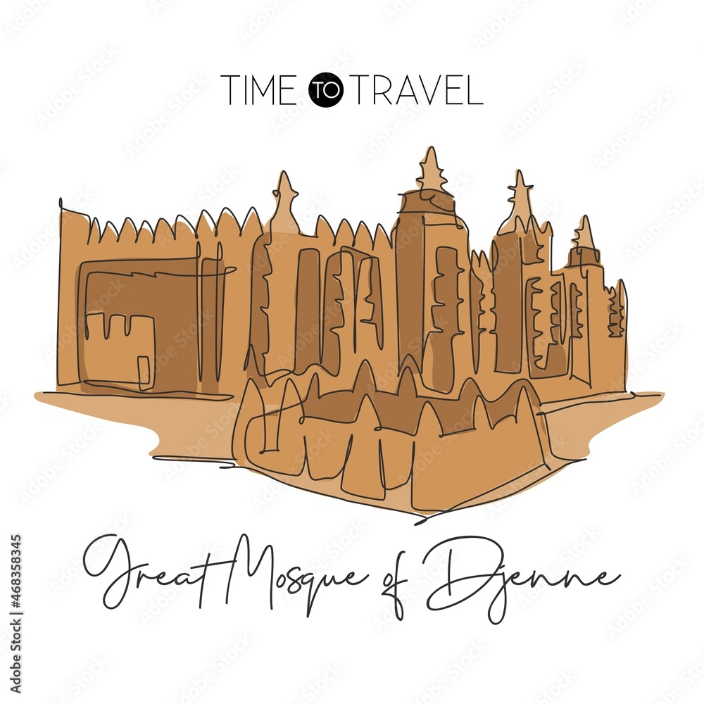 Single continuous line drawing Great Mosque of Djenne landmark ...