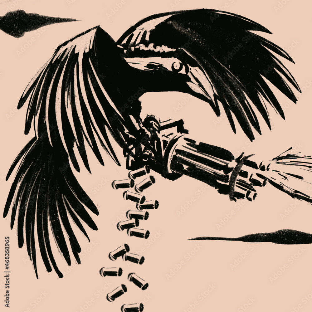 Hand Drawn murderous Raven with Minigun Stock Illustration | Adobe Stock