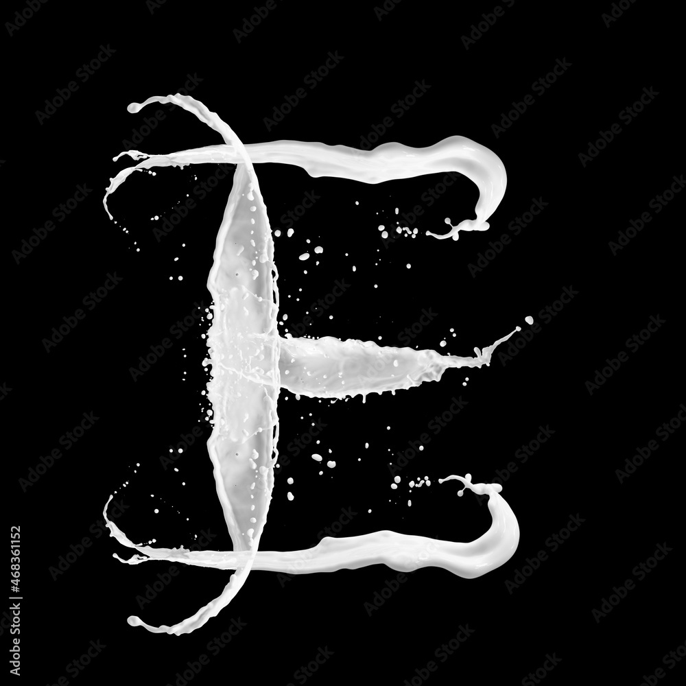 Letter E made of milk splash, isolated on black background Stock Photo ...