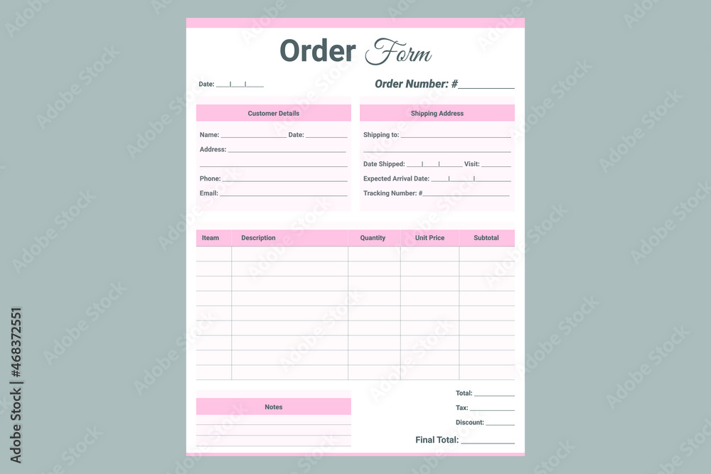 Minimalist Pink Order Form with Quantity Unit Price and Total Stock ...