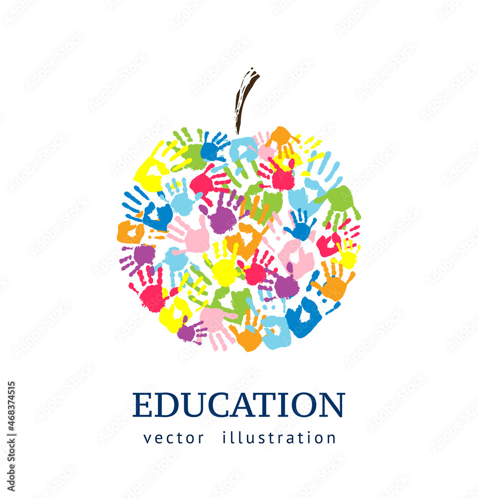 Apple is made of different handprints. Symbol of education, childhood ...
