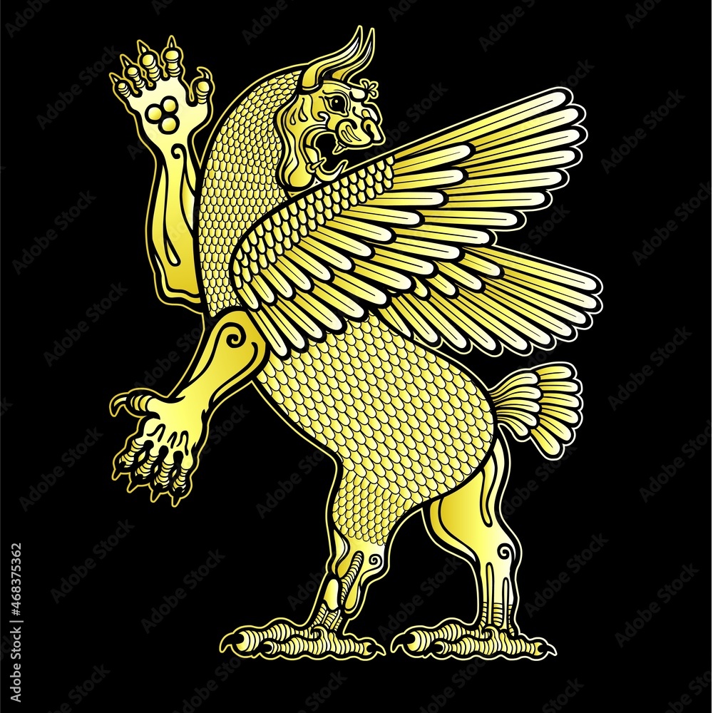 Cartoon drawing: winged dragon lion, a character in Assyrian mythology ...