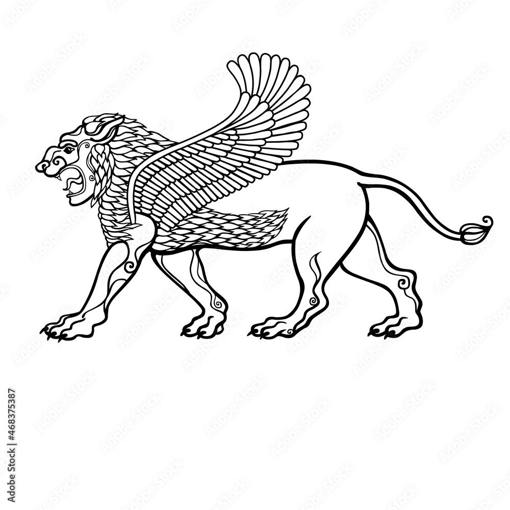 Cartoon drawing: winged lion, a character in Assyrian mythology. Be ...