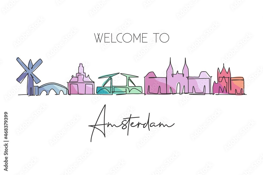 Single continuous line drawing of Amsterdam city skyline, Netherlands ...