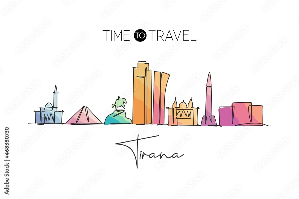 One single line drawing of city Tirana skyline, Albania. Historical ...