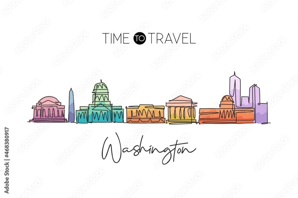 One single line drawing of Washington city skyline, United States of ...